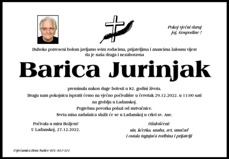 Obavijest o smrti i sprovodu – Barica Jurinjak – Našički park d.o.o.
